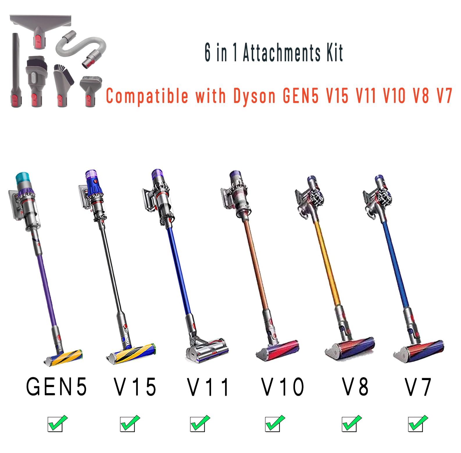 Attachments Kit for Dyson Vacuum GEN5 G5 V15 V11 V10 V8 V7 Absolute Detect Animal Outsize Cyclones Cordless Stick Vacuum Cleaner, Accessories Bundle Replacement Brush Tools & Extension Hose (6 in 1)