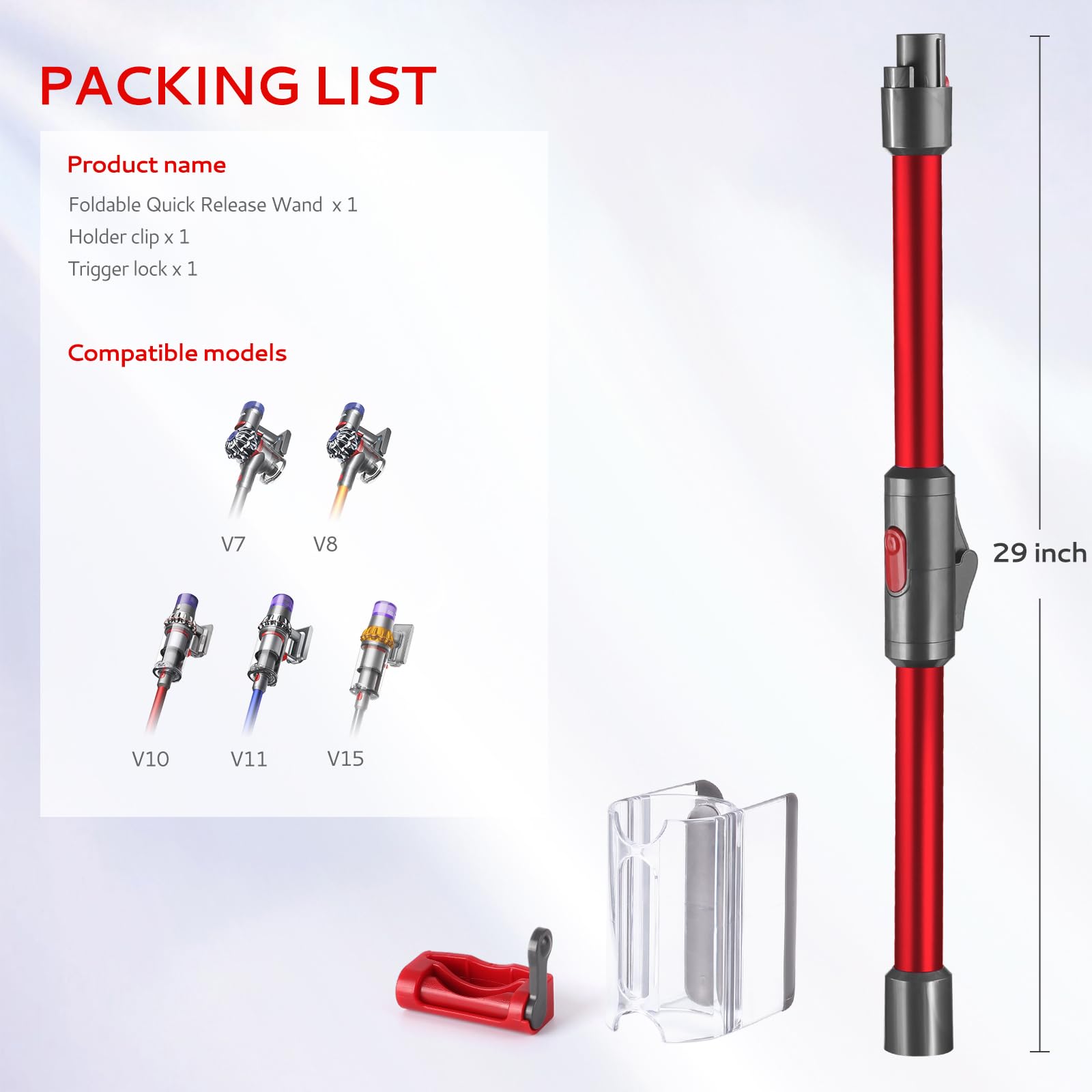 Foldable Extension Wand Compatible with Dyson V7 V8 V10 V11 V15 Cordless Vacuum Accessories, Upgrade Quick Release Wand Replacement for Dyson Stick Vacuum Attachments(Red)