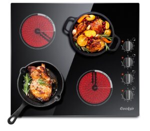 cooksir electric cooktop 24 inch, 4 burner electric stove top 6000w, built-in radiant electric stovetop with 9 heating level, auto shut down protection, knob control, 220-240v hard wired (no plug)