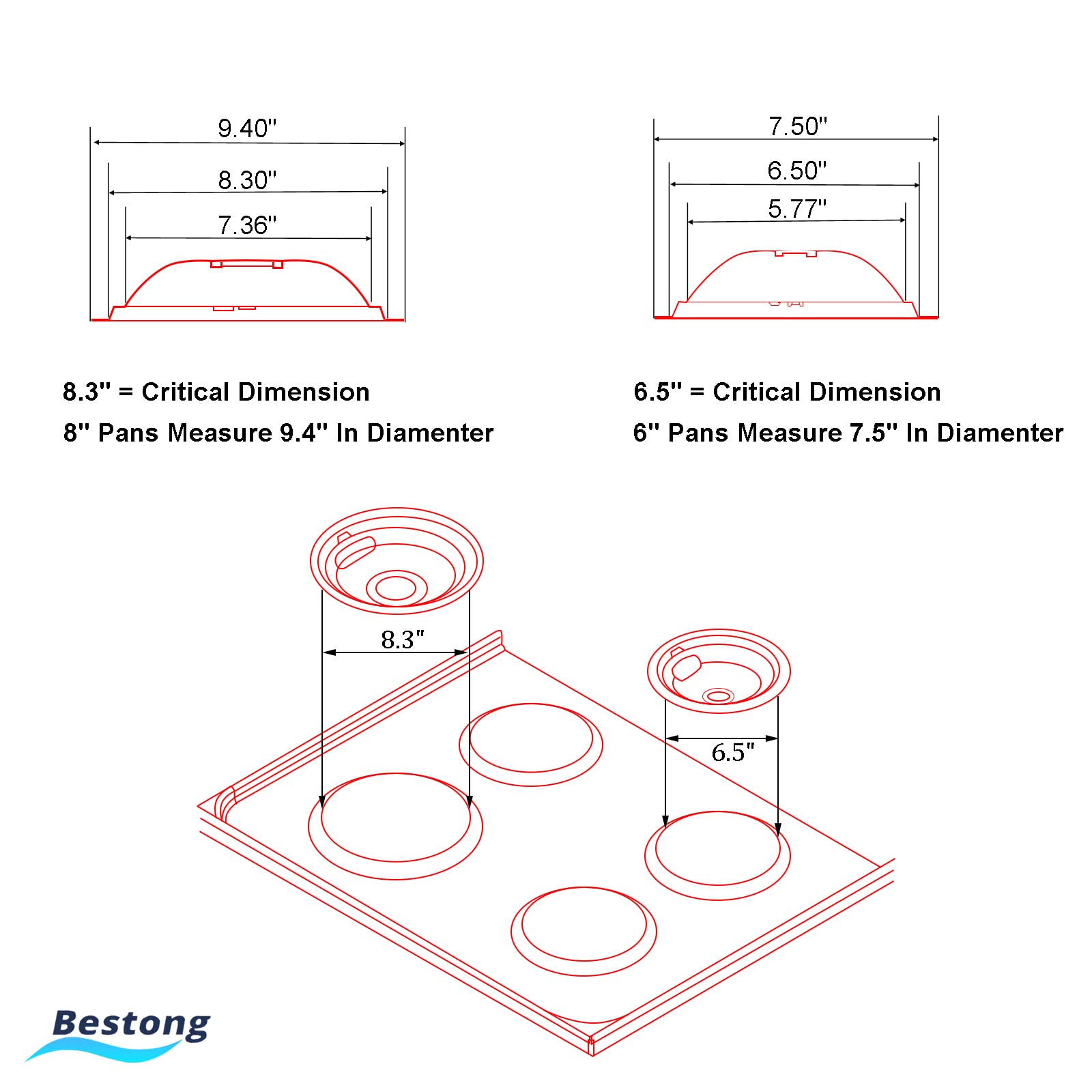 Drip Pan Electric Stove Burner Covers for Whirlpool W10278125 W10196405 W10196406, 4 Pack (3) 6" & (1) 8"