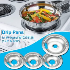 Drip Pan Electric Stove Burner Covers for Whirlpool W10278125 W10196405 W10196406, 4 Pack (3) 6" & (1) 8"