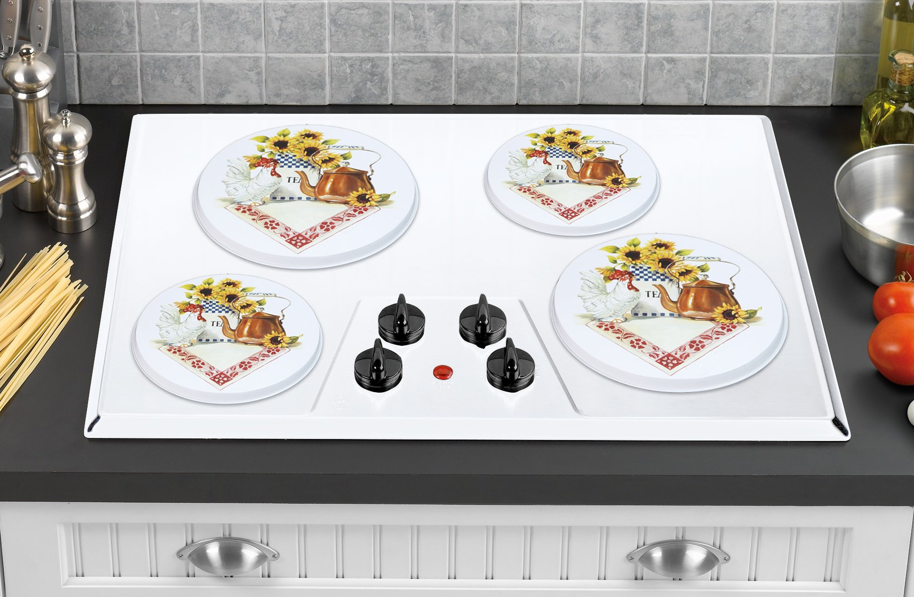 Reston Lloyd Electric Stove Burner Covers, Set of 4, Rooster & Copper Kettle All-Over Pattern