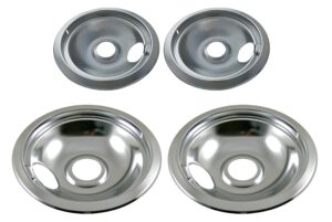 kitchen basics 101 made in the usa 316048413 & 316048414 range burner chrome drip pans replacement for frigidaire kenmore electric stove w/locking slots, 2 small 6-inch & 2 large 8-inch pans, 4 pack