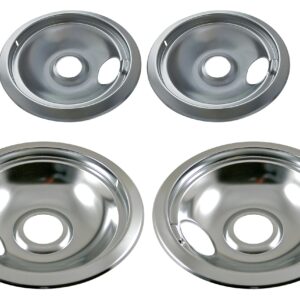 KITCHEN BASICS 101 Made in the USA 316048413 & 316048414 Range Burner Chrome Drip Pans Replacement for Frigidaire Kenmore Electric Stove w/Locking Slots, 2 Small 6-Inch & 2 Large 8-Inch Pans, 4 Pack