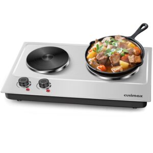 hot plate,cusimax double burner 1800w cast iron heating plate,electric stove with adjustable temperature control,stainless steel,suitable for various scenarios upgraded version