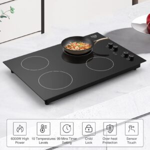 Induction Cooktop 30 Inch, 6000W Electric Stove Top 4 Burners Induction Burner Countertop and Built-in POTFYA,220v-240v Knob Control,Ceramic Glass Surface, Suitable for Magnetic Pans