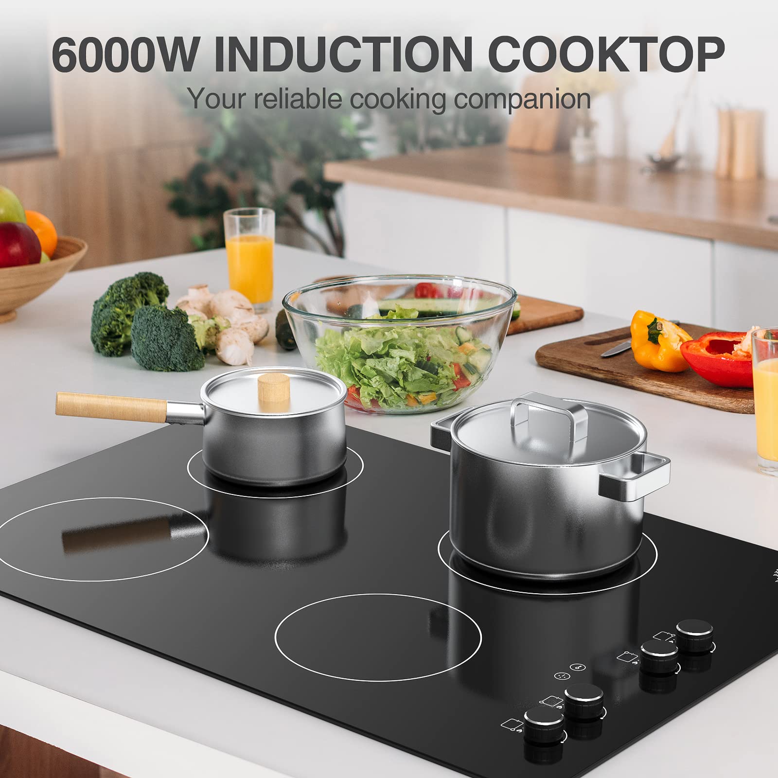 Induction Cooktop 30 Inch, 6000W Electric Stove Top 4 Burners Induction Burner Countertop and Built-in POTFYA,220v-240v Knob Control,Ceramic Glass Surface, Suitable for Magnetic Pans