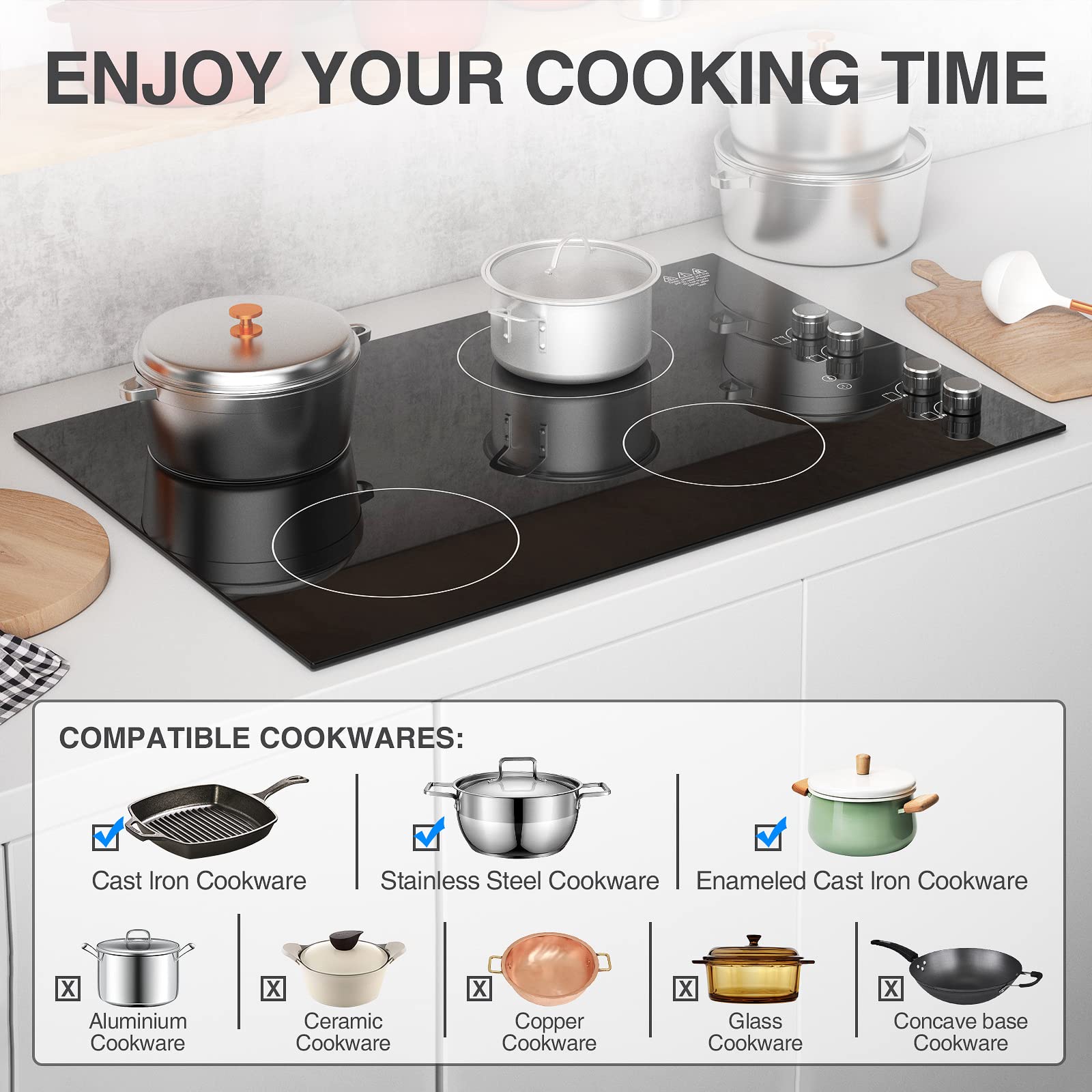 Induction Cooktop 30 Inch, 6000W Electric Stove Top 4 Burners Induction Burner Countertop and Built-in POTFYA,220v-240v Knob Control,Ceramic Glass Surface, Suitable for Magnetic Pans