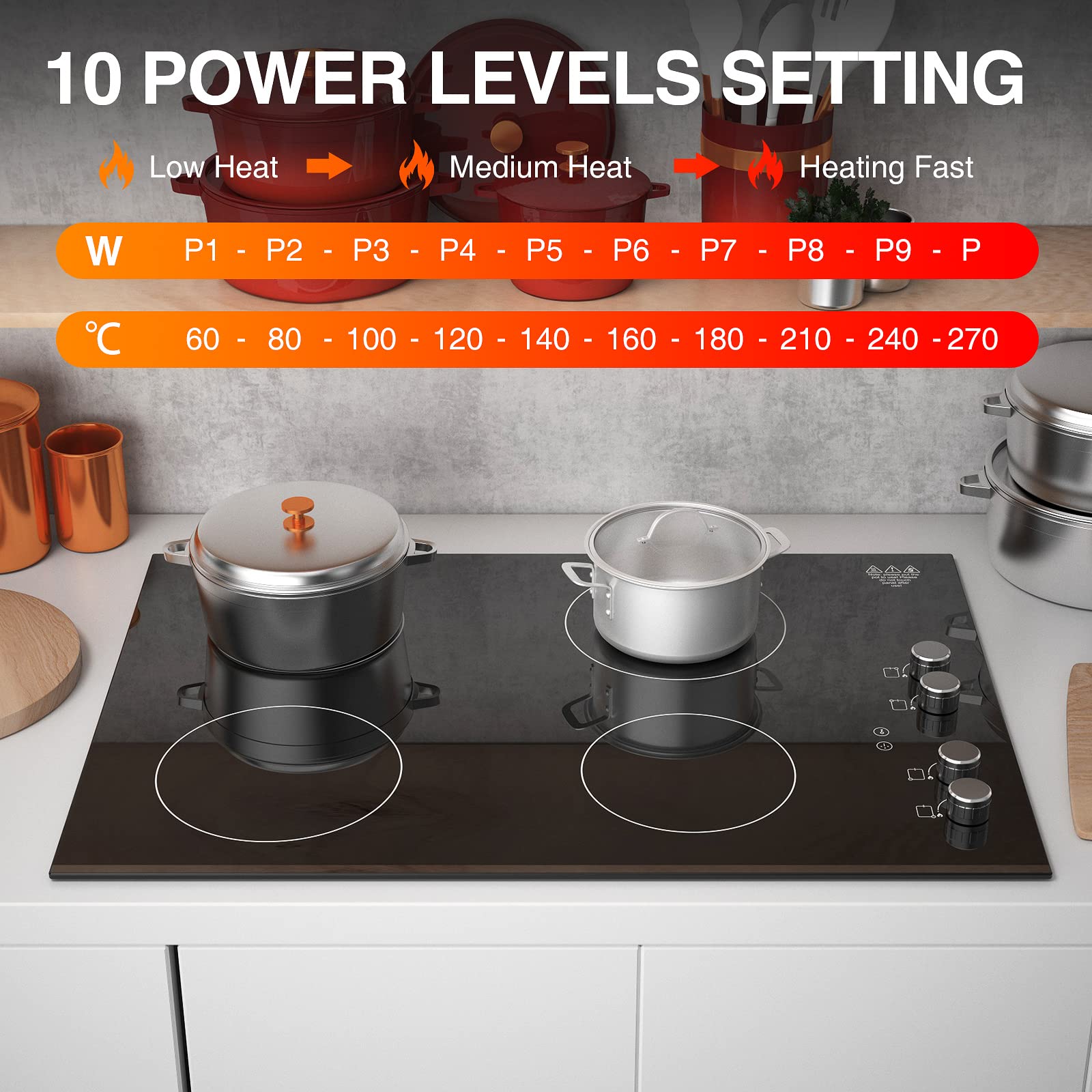 Induction Cooktop 30 Inch, 6000W Electric Stove Top 4 Burners Induction Burner Countertop and Built-in POTFYA,220v-240v Knob Control,Ceramic Glass Surface, Suitable for Magnetic Pans