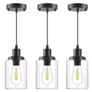 industrial pendant lights, modern clear glass shade pendant lighting, black pendant light fixtures ceiling light, farmhouse pendant lighting for kitchen island hallway porch corridor bedroom, 3-pack