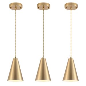 gold pendant lights kitchen island,dining room light fixtures over table 3 pack with brushed brass cone metal shade, modern farmhouse mini chandeliers,adjustable cord hanging lighting for bar,sink