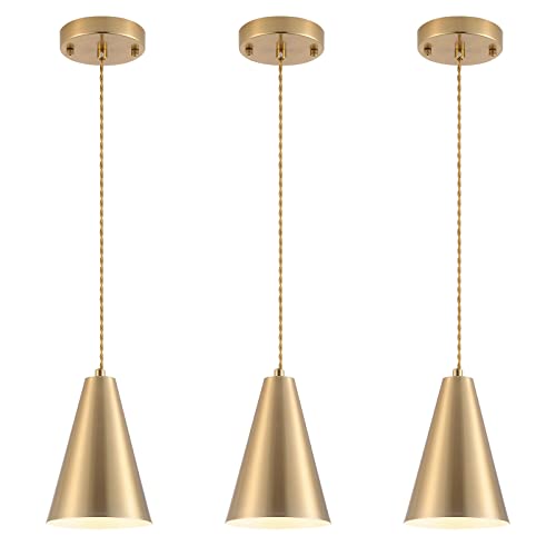 Gold Pendant Lights Kitchen Island,Dining Room Light Fixtures Over Table 3 Pack with Brushed Brass Cone Metal Shade, Modern Farmhouse Mini Chandeliers,Adjustable Cord Hanging Lighting for Bar,Sink