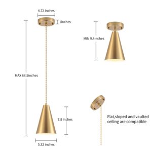 Gold Pendant Lights Kitchen Island,Dining Room Light Fixtures Over Table 3 Pack with Brushed Brass Cone Metal Shade, Modern Farmhouse Mini Chandeliers,Adjustable Cord Hanging Lighting for Bar,Sink