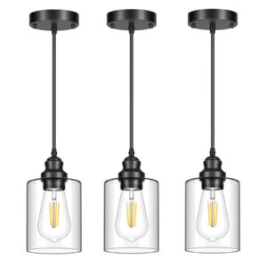 licperron 3 pack hanging pendant lighting fixtures, adjustable black hanging ceiling lamp with clear glass shade, modern pendant light for kitchen island, dining room, bedroom, hallway