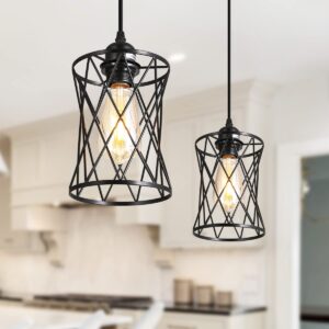 2-pack farmhouse pendant lights - industrial metal cage island fixture for kitchen, dining room, bedroom, bar, and sink - adjustable hanging ceiling lamp in black - stylish and functional lighting