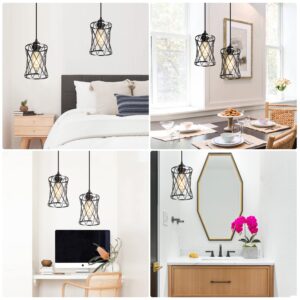 2-Pack Farmhouse Pendant Lights - Industrial Metal Cage Island Fixture for Kitchen, Dining Room, Bedroom, Bar, and Sink - Adjustable Hanging Ceiling Lamp in Black - Stylish and Functional Lighting