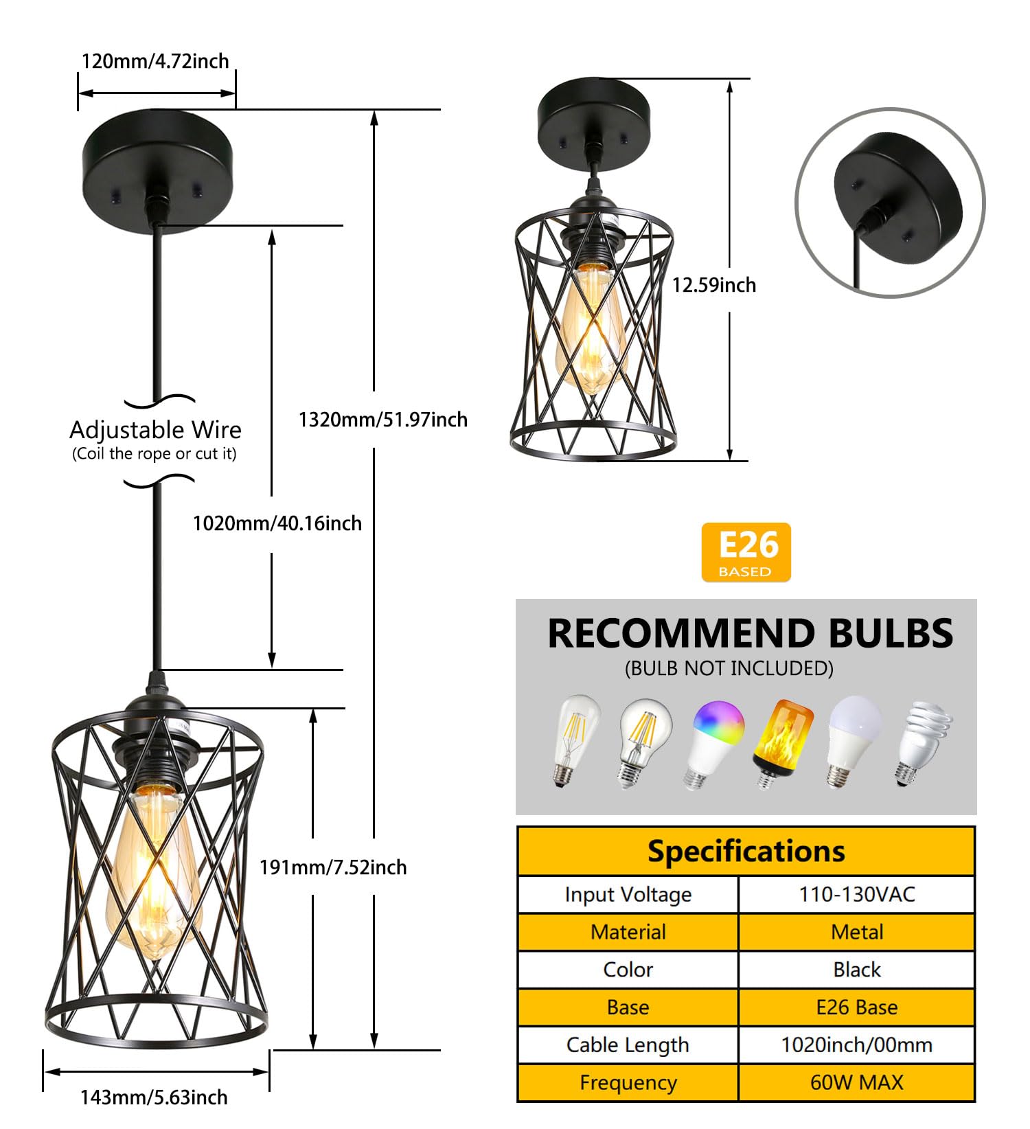 2-Pack Farmhouse Pendant Lights - Industrial Metal Cage Island Fixture for Kitchen, Dining Room, Bedroom, Bar, and Sink - Adjustable Hanging Ceiling Lamp in Black - Stylish and Functional Lighting