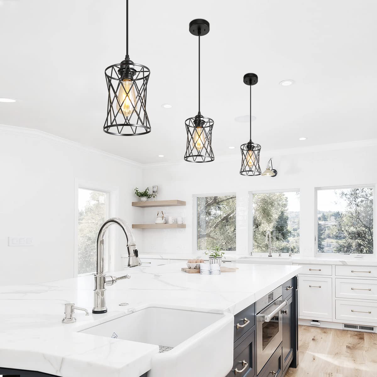 2-Pack Farmhouse Pendant Lights - Industrial Metal Cage Island Fixture for Kitchen, Dining Room, Bedroom, Bar, and Sink - Adjustable Hanging Ceiling Lamp in Black - Stylish and Functional Lighting