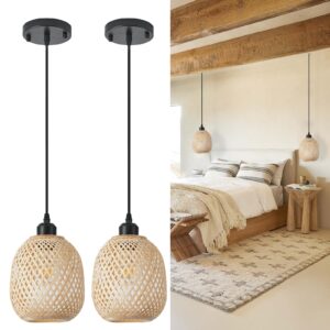 terleenart set of 2 mid century bohemian rattan bamboo pendant lighting,torus basket woven ceiling chandelier for kitchen sink dinning room living room bedroom nightstands