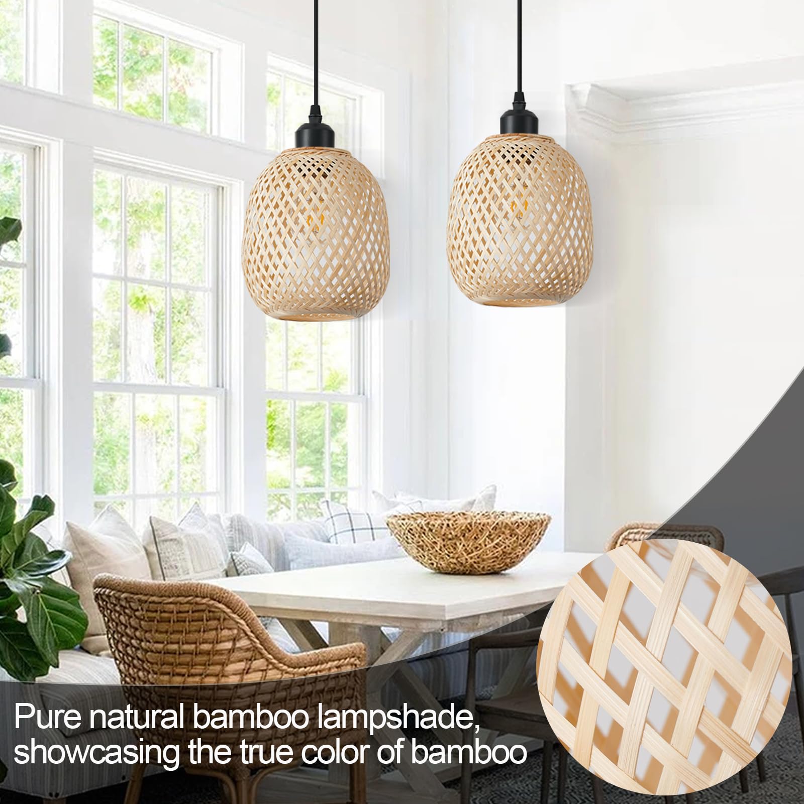 TERLEENART Set of 2 Mid Century Bohemian Rattan Bamboo Pendant Lighting,Torus Basket Woven Ceiling Chandelier for Kitchen Sink Dinning Room Living Room Bedroom Nightstands