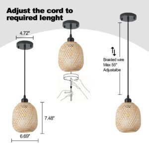 TERLEENART Set of 2 Mid Century Bohemian Rattan Bamboo Pendant Lighting,Torus Basket Woven Ceiling Chandelier for Kitchen Sink Dinning Room Living Room Bedroom Nightstands