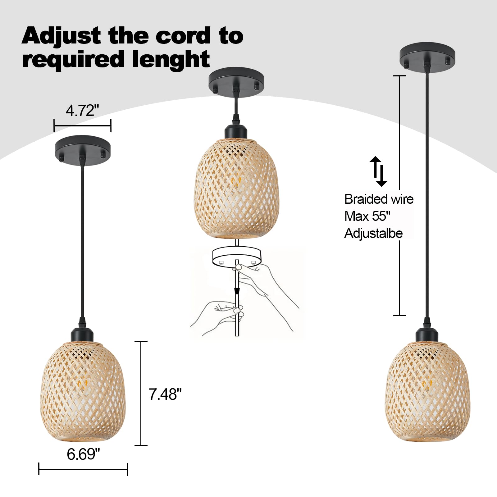 TERLEENART Set of 2 Mid Century Bohemian Rattan Bamboo Pendant Lighting,Torus Basket Woven Ceiling Chandelier for Kitchen Sink Dinning Room Living Room Bedroom Nightstands