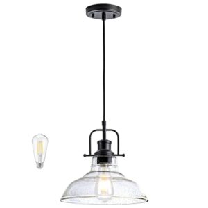 zlepmlla black industrial pendant light farmhouse 1-light with adjustable cord, clear bubble glass shade,rectangle cute hanging lights for hallway, kitchen island, dinning room