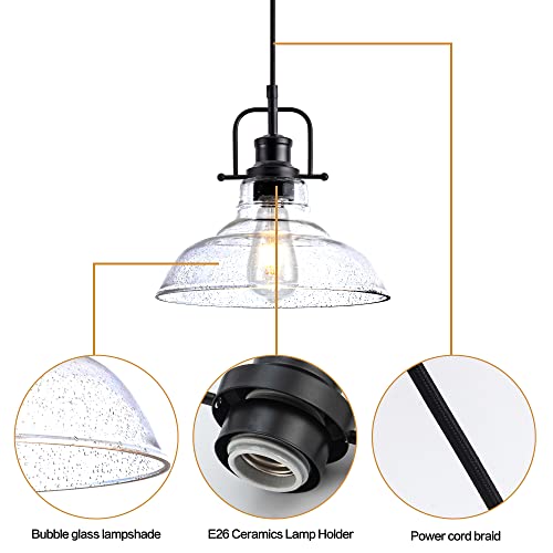 Zlepmlla Black Industrial Pendant Light Farmhouse 1-Light with Adjustable Cord, Clear Bubble Glass Shade,Rectangle Cute Hanging Lights for Hallway, Kitchen Island, Dinning Room