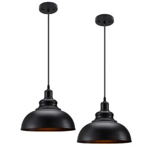 asnxcju matte black pendant light, industrial farmhouse pendant light vintage hanging ceiling lamp fixtures for kitchen island, barn, dining room 2 pack