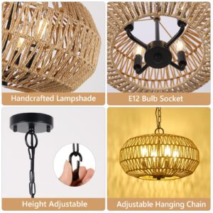 Farmhouse Rattan Pendant Lights, 15.7" 4-Light Boho Chandelier Light Fixture, Wicker Hand Woven Basket Pendant Hanging for Dining Room Living Room Kitchen Island Bedroom Foyer, Height Adjustable