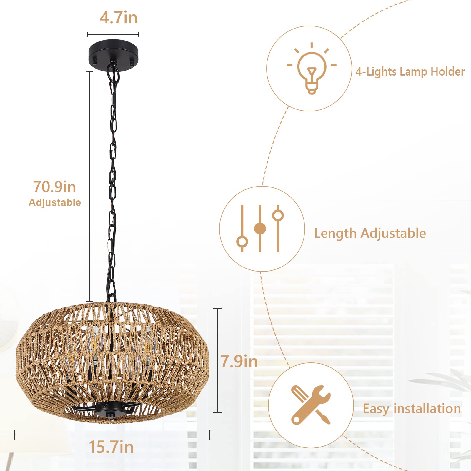 Farmhouse Rattan Pendant Lights, 15.7" 4-Light Boho Chandelier Light Fixture, Wicker Hand Woven Basket Pendant Hanging for Dining Room Living Room Kitchen Island Bedroom Foyer, Height Adjustable