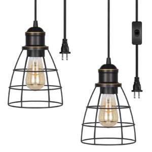 dewenwils plug in pendant light, black farmhouse cage pendant light fixtures with 15ft cord, hanging lights for bedroom, kitchen island, dining hall, e26 base socket, 2 pack, ul listed