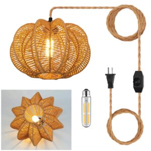 tebio plug in pendant light rattan hanging lights with plug in cord 15ft hemp rope cord, dimmable switch – indoor hanging lamps for boho living room bedroom（bulb included） 11 x 7 inch