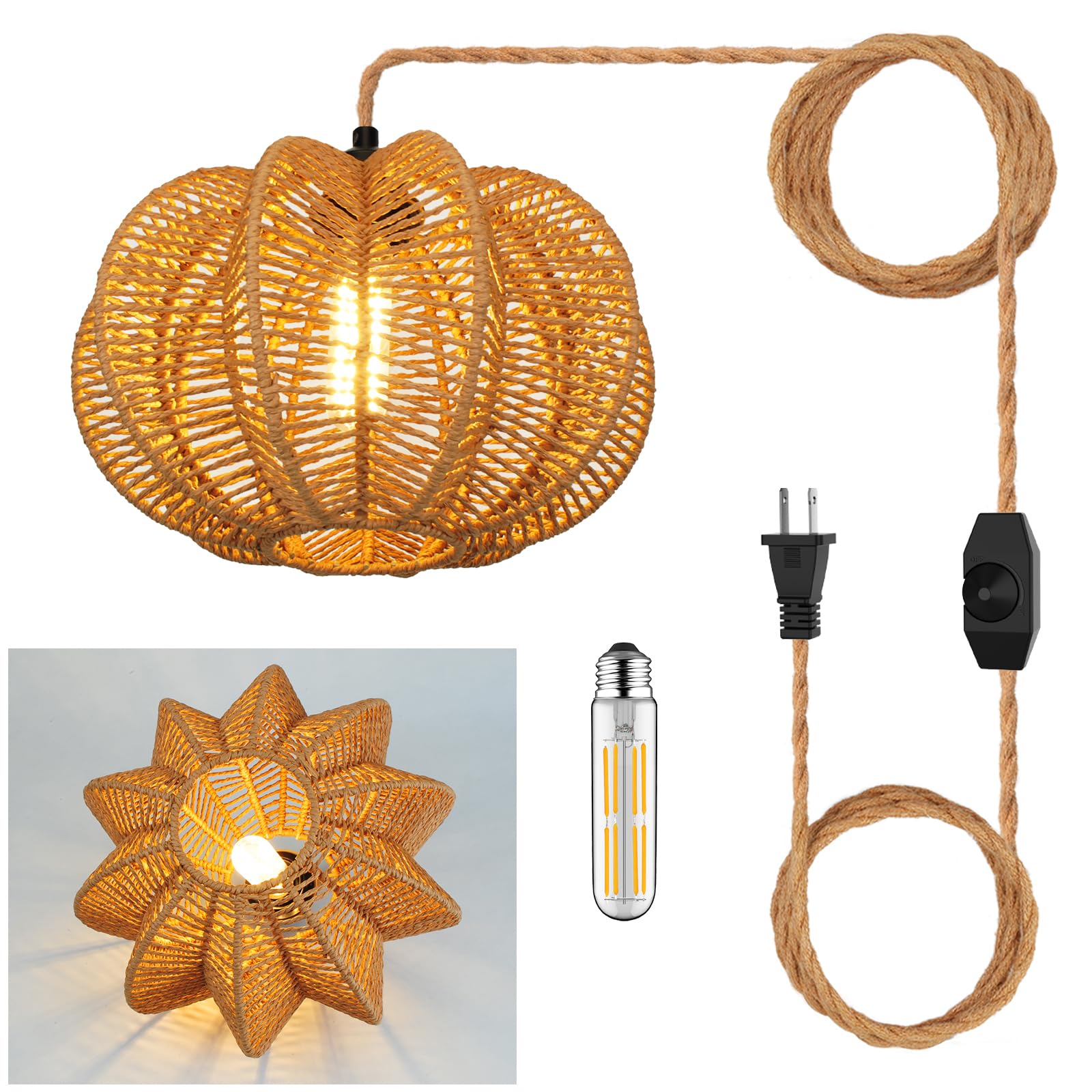 tebio Plug in Pendant Light Rattan Hanging Lights with Plug in Cord 15FT Hemp Rope Cord, Dimmable Switch – Indoor hanging lamps for Boho Living Room Bedroom（Bulb Included） 11 x 7 inch