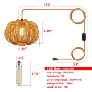 tebio Plug in Pendant Light Rattan Hanging Lights with Plug in Cord 15FT Hemp Rope Cord, Dimmable Switch – Indoor hanging lamps for Boho Living Room Bedroom（Bulb Included） 11 x 7 inch