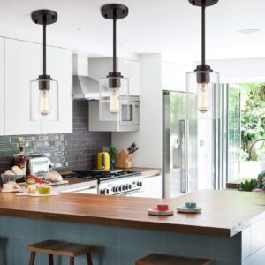 Beionxii Glass Pendant Light | Farmhouse Mini Pendant Lighting for Kitchen Island Dining Room Over The Sink, Oil Rubbed Bronze with Bubble Glass - DMD9002-1H/2PK