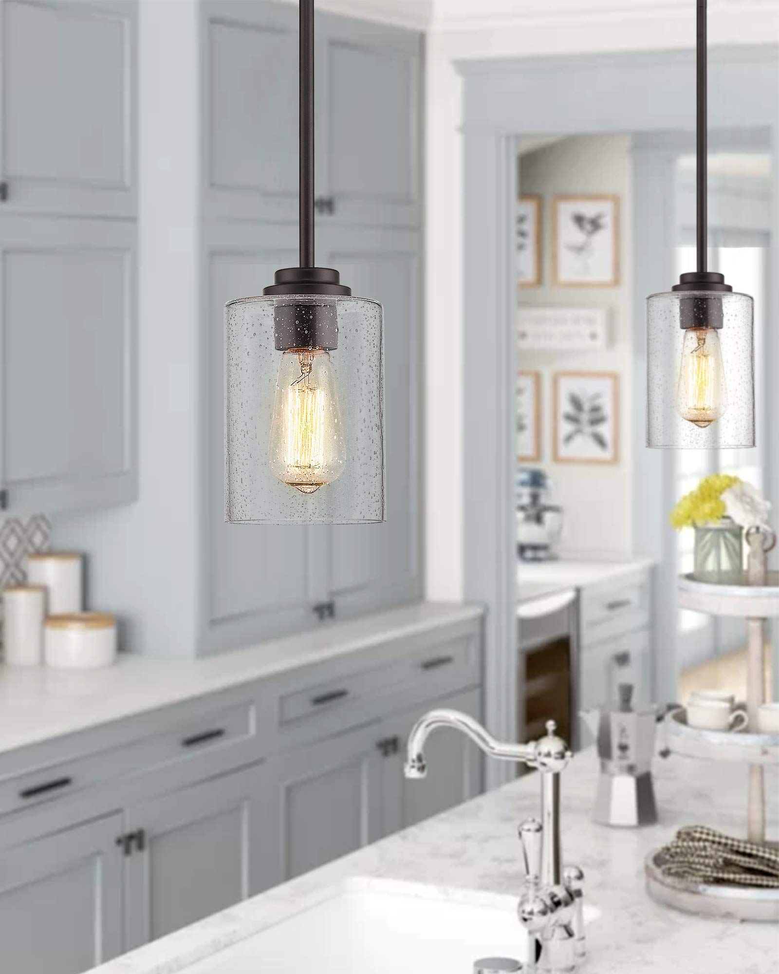 Beionxii Glass Pendant Light | Farmhouse Mini Pendant Lighting for Kitchen Island Dining Room Over The Sink, Oil Rubbed Bronze with Bubble Glass - DMD9002-1H/2PK