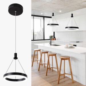 Viruhaka Dimmable LED Pendant Light Kitchen Island 15W Modern Dining Room Black Chandelier 1-Ring Pendant Lighting Bedroom Bedside 59in Cord Adjustable, 6000K Daylight…