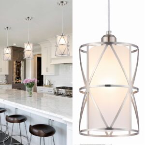 modern pendant lights with frosted glass, brushed nickel pendant light fixtures, cylindrical pendant lighting for kitchen island, kitchen hanging lights over island, foyer, dining room, entryway