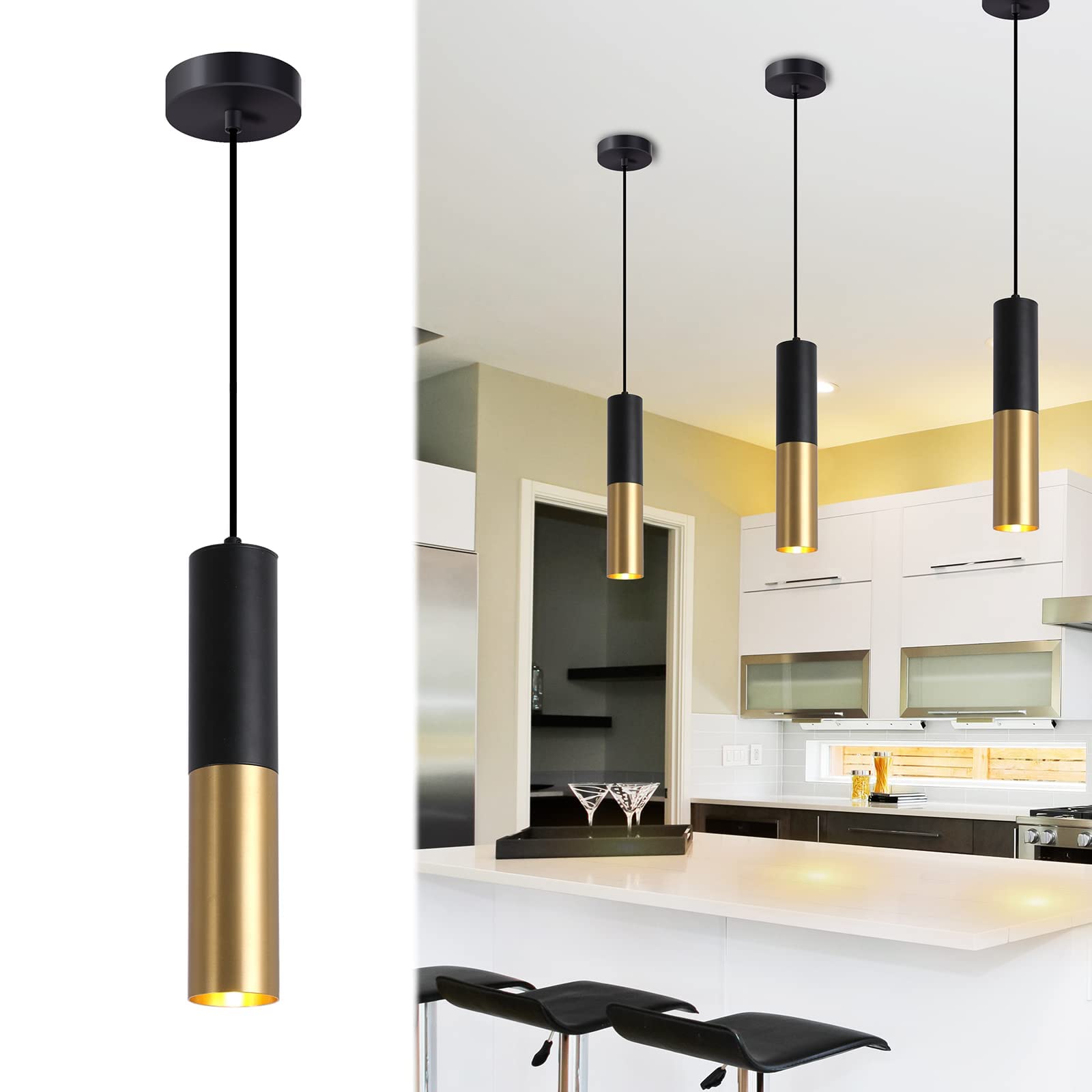 Omgomne Modern Pendant Light Fixture for Kitchen Island,1-Light Black Gold Pendant Lighting Ceiling Hanging Light Cord Adjustable for Living Room Bedroom Bar (1 Pack)