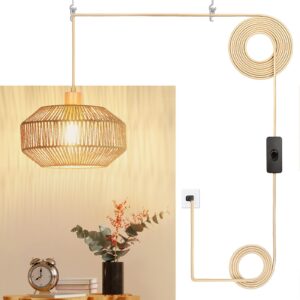 plug in pendant light paper woven rattan hanging lights boho hanging lamp rustic farmhouse pendant lights for kitchen dining room bedroom entryway, with 3-way dimmable bulb (woven)