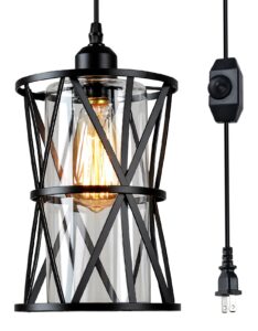 hmvpl farmhouse plug in pendant light, outdoor swag lamp with plug in cord on/off dimmer, plug in hanging light fixture for dining room bedroom kitchen island(1 pack)