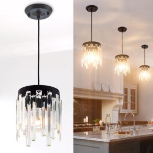 mayna crystal pendant light, modern chandelier, adjustable height hanging lamp, black pendant lights for kitchen island dining, room,living room,foyer,hallway (1pack)