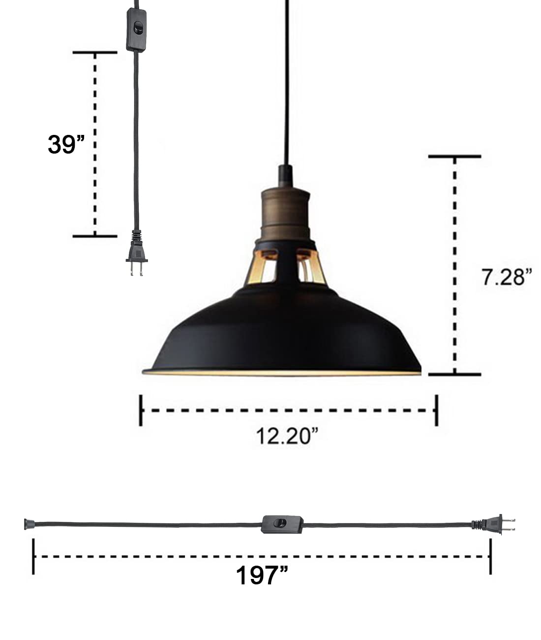 CLAXY Industrial Plug-in Barn Pendant Lighting Black Farmhouse Pendant Light with On/Off Switch 197 Inches Cord