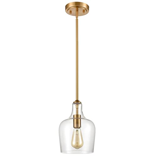 JEENKAE Modern Brass Glass Kitchen Pendant Lighting Rod-Hung Gold Pendant Light, 1-Light-1