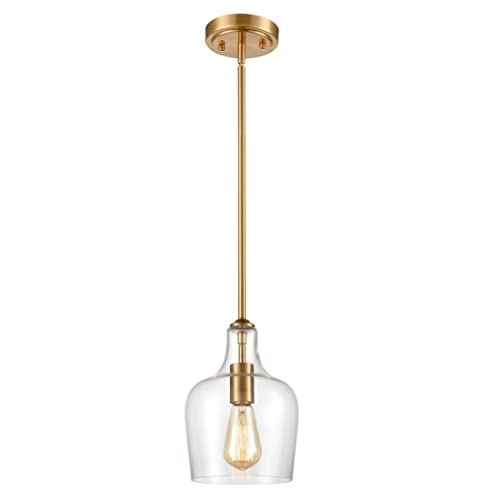 JEENKAE Modern Brass Glass Kitchen Pendant Lighting Rod-Hung Gold Pendant Light, 1-Light-1