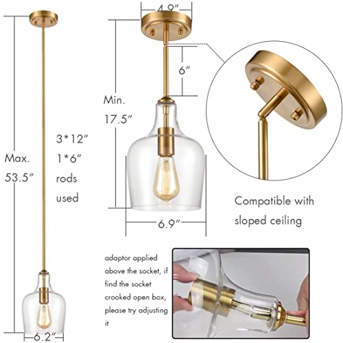 JEENKAE Modern Brass Glass Kitchen Pendant Lighting Rod-Hung Gold Pendant Light, 1-Light-1