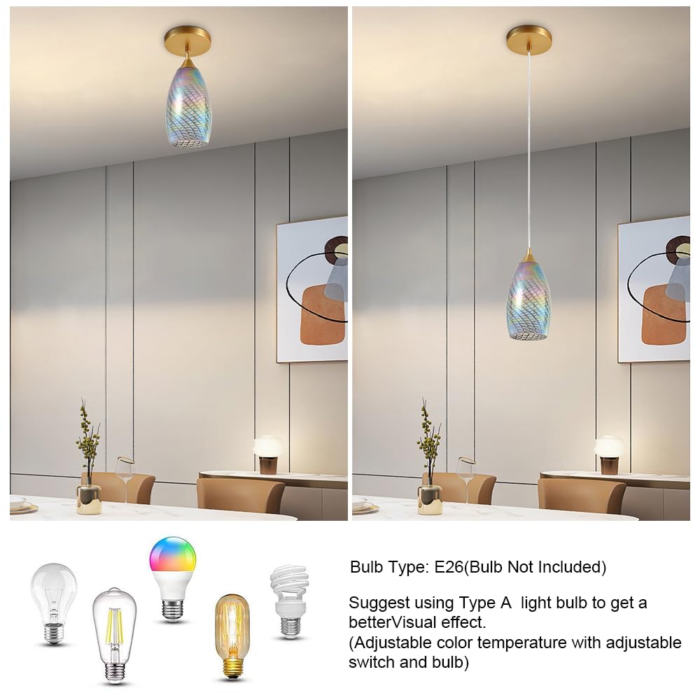 Eicrkodn Mini Glass Pendant Lights Kitchen Island, Handcrafted Blown Art Glass Ceiling Pendant Lighting with Brushed Gold Finish, Adjustable Cord Pendant Lights for Hallway,Dining Room, 1 Pack