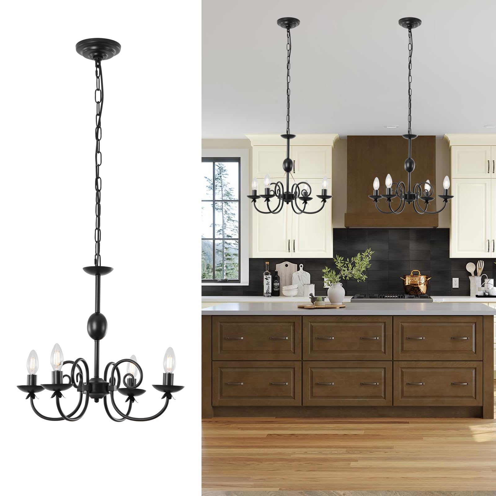 Muafot Matte Black Farmhouse Chandelier,4 Light Modern Metal Pendant Light Fixtures Adjustable Height for Dining Room Kitchen Island Foyer Entryway E12 Bulb Base UL Listed