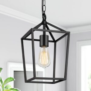 farmhouse black pendant light for kitchen island industrial hanging lantern fixture modern metal cage lamp chandelier lighting for dinning room hallway, 49in adjustable chain for flat & sloped ceiling